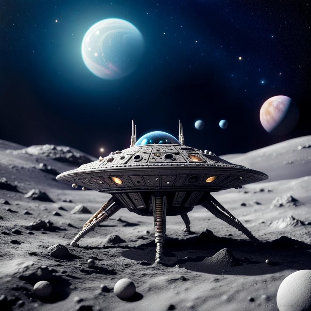 Photograph, Macro, miniature alien spaceship on the moon, particles, at ...