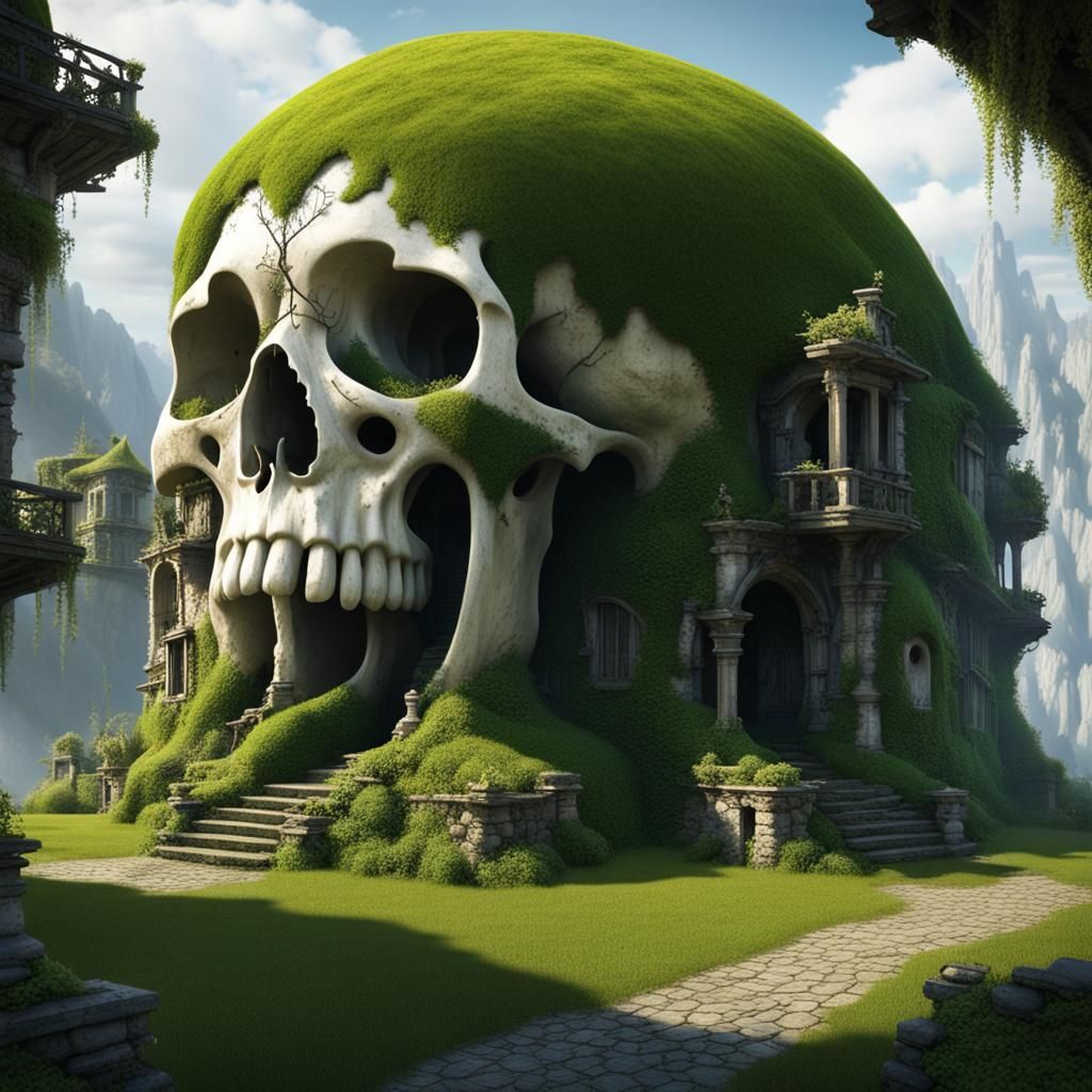 a village built into a giant monster skull : r/nightcafe
