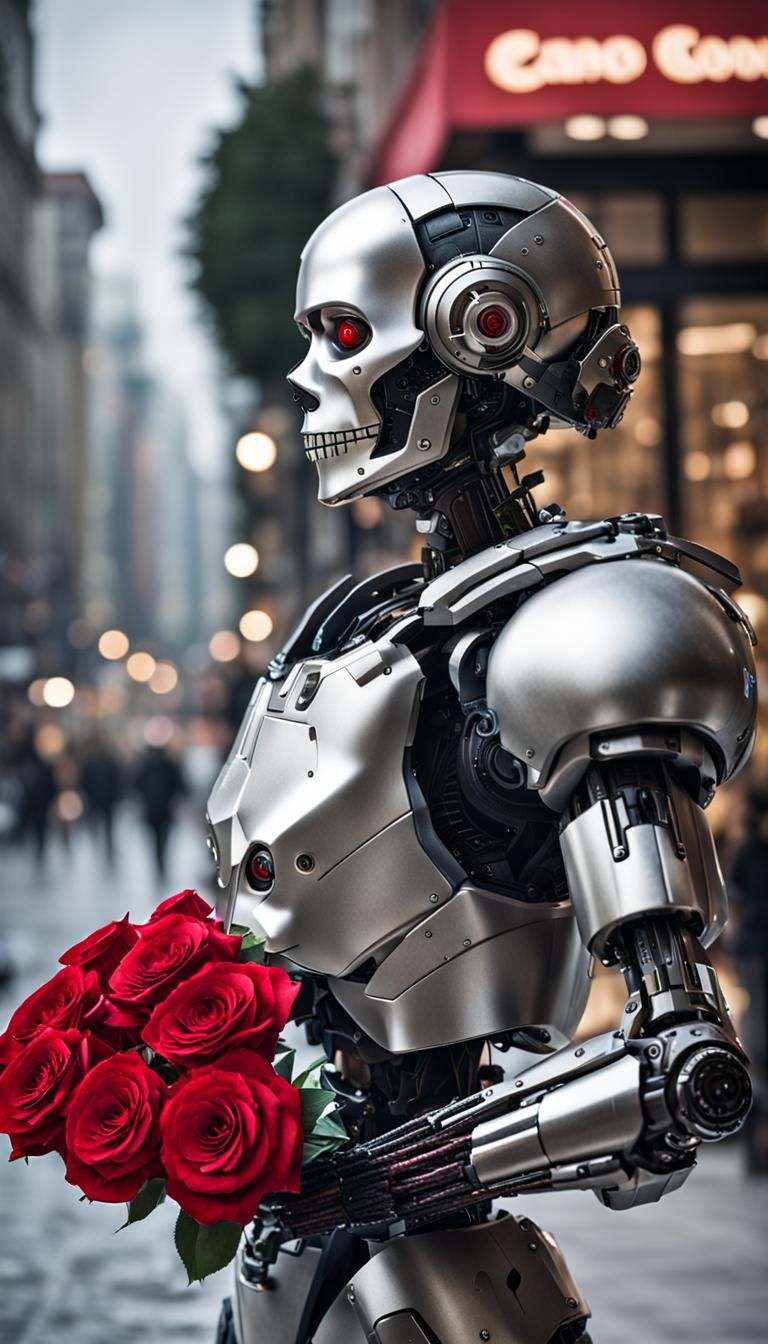 photorealistic (cyborg)+ carrying a dozen (chocolate roses)+++ to his ...