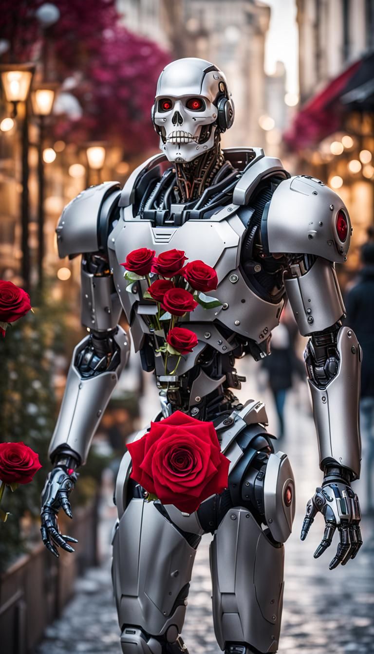 photorealistic (cyborg)+ carrying a dozen (chocolate roses)+++ to his ...