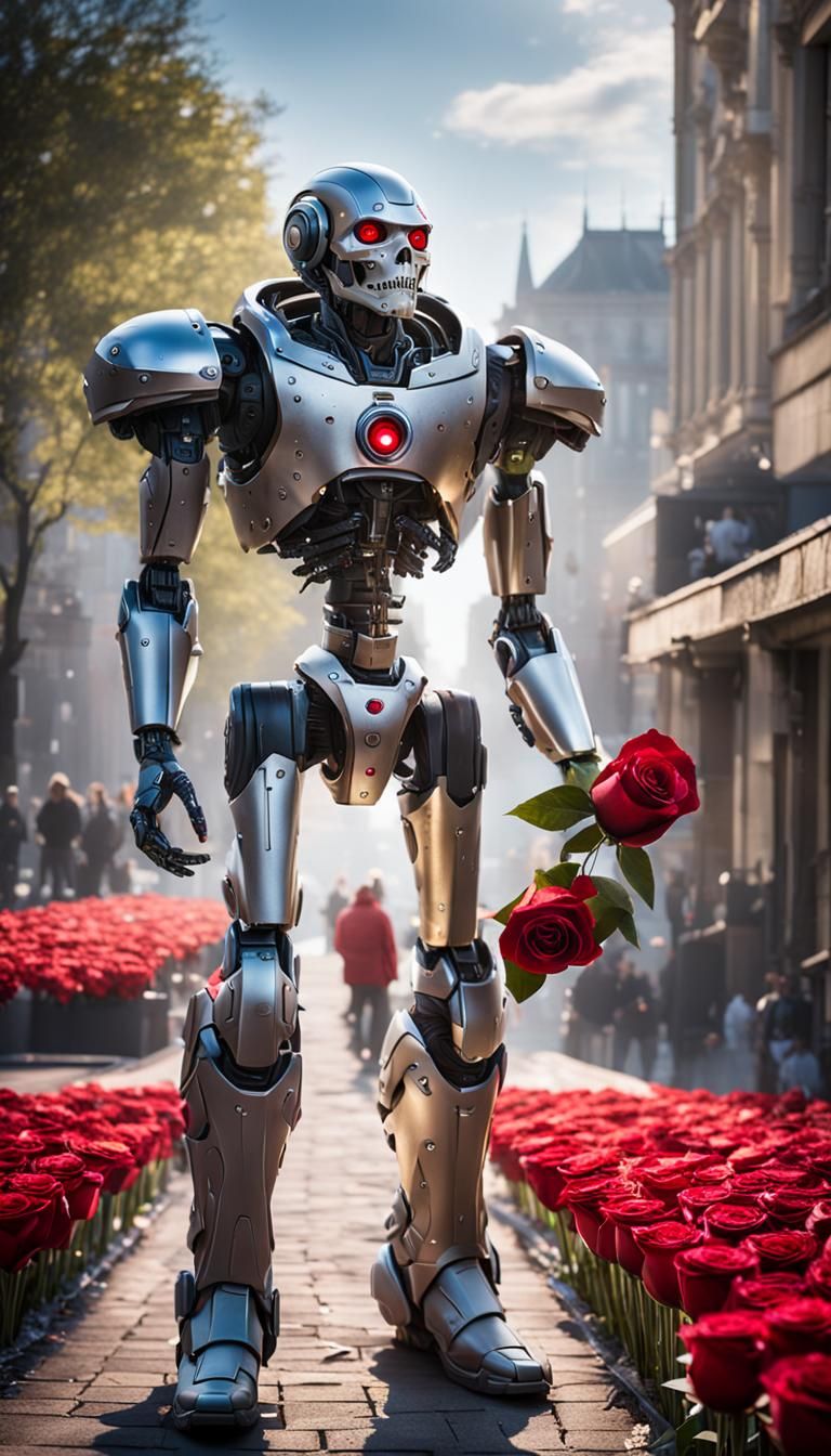 photorealistic (cyborg)+ carrying a dozen (chocolate roses)+++ to his ...