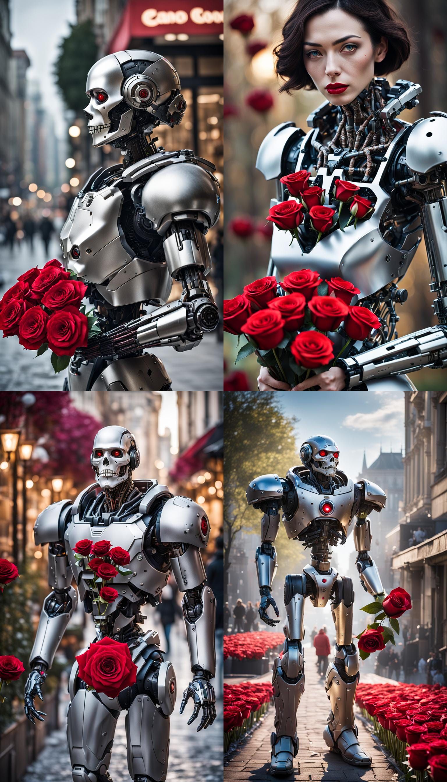 photorealistic (cyborg)+ carrying a dozen (chocolate roses)+++ to his dead girlfriend (Snowwhite ...