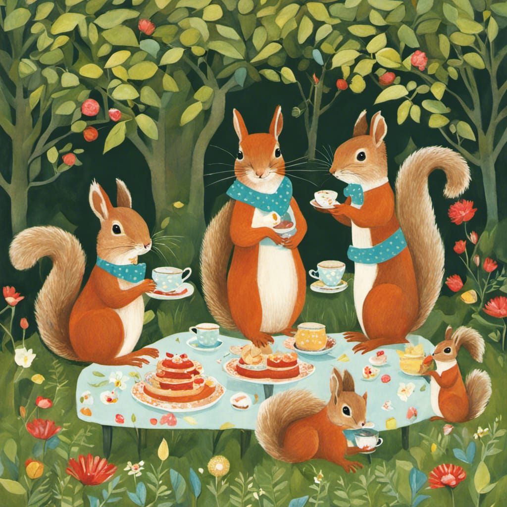 illustration by Melissa Launay, squirrels having a tea party - AI ...