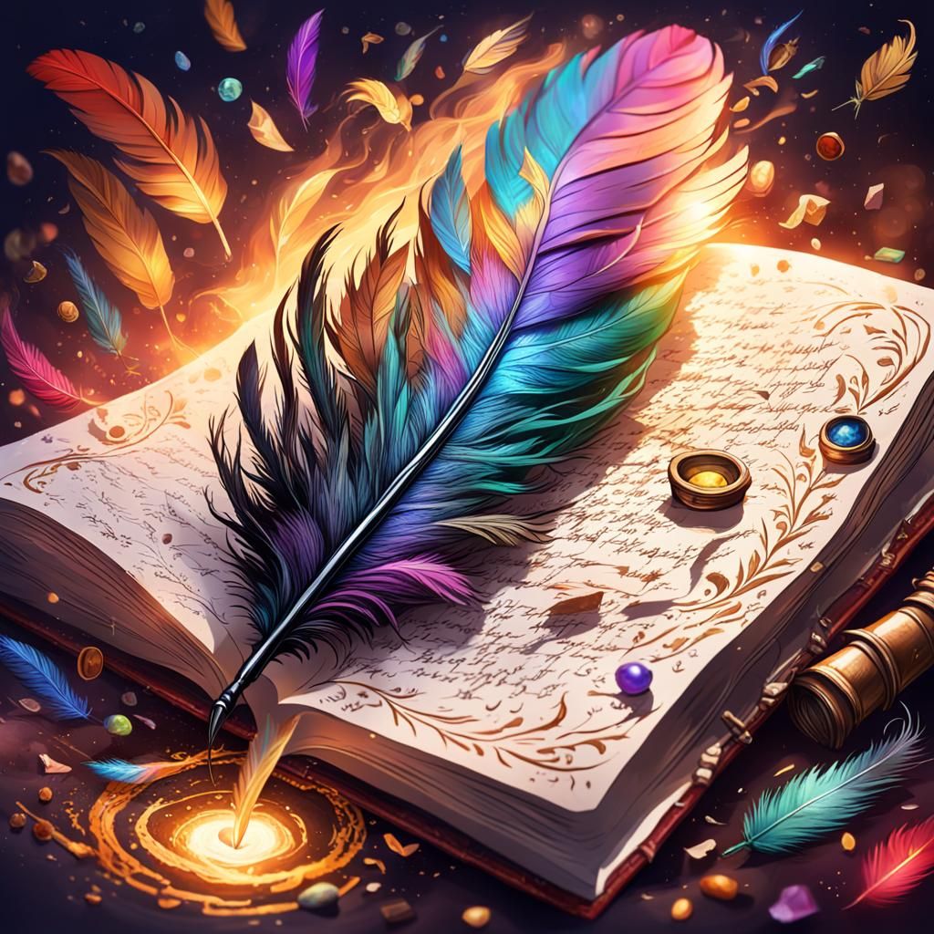 A floating spell book, a feather quil writing in the book, magic spells ...