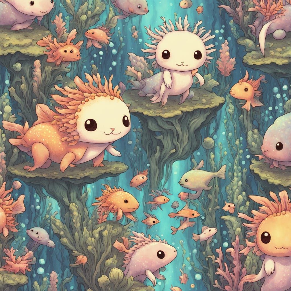 A group of axolotls drawn in a chibi style.