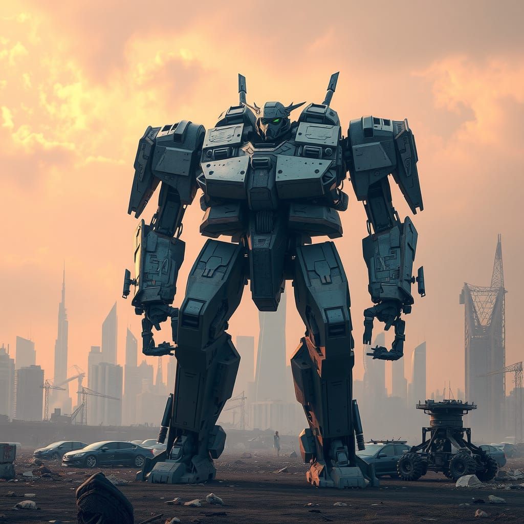 Futuristic Combat Mech in Post-Apocalyptic Wastela... - AI Art
