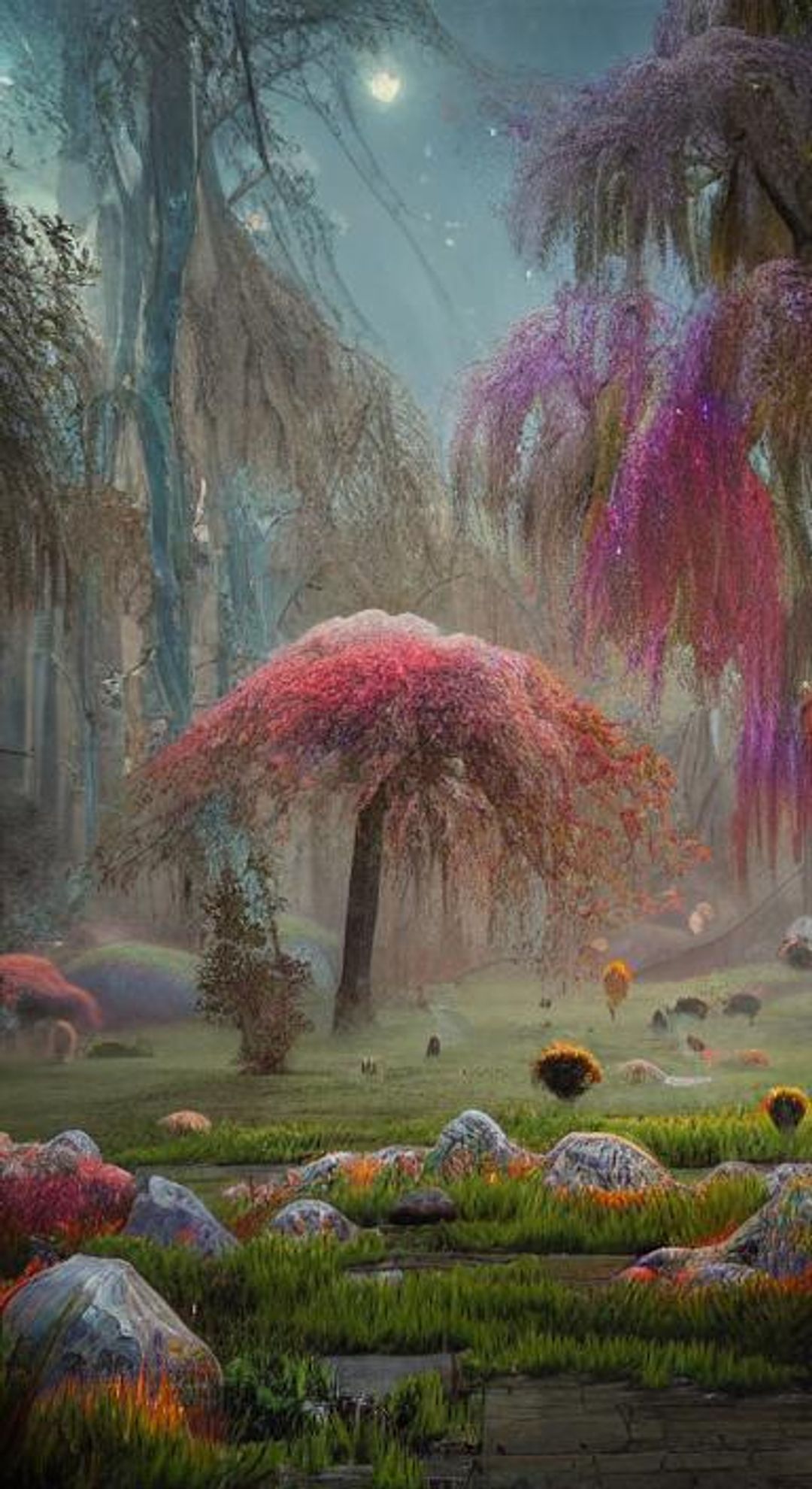 A 3d mystical grassy knoll with weeping willow trees, bushes, and ...