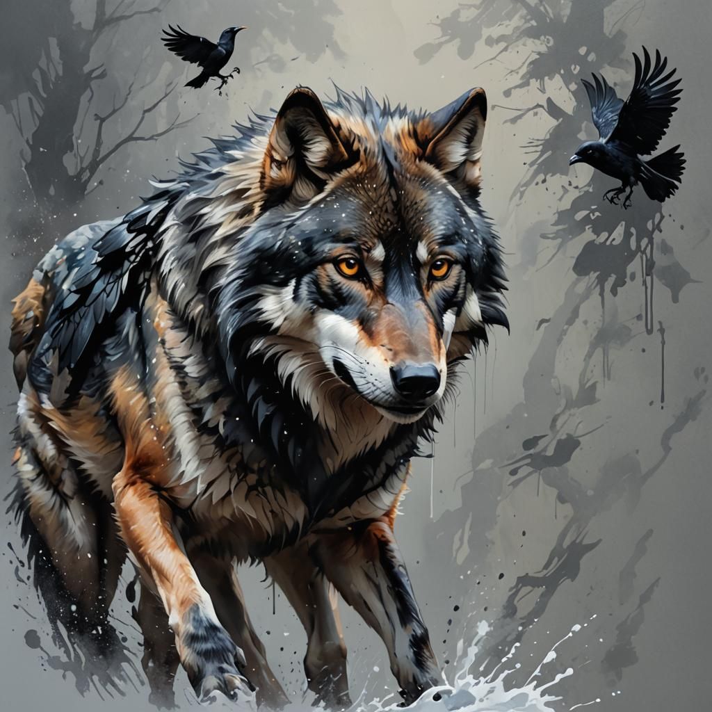 Gray wolf and crow. - AI Generated Artwork - NightCafe Creator