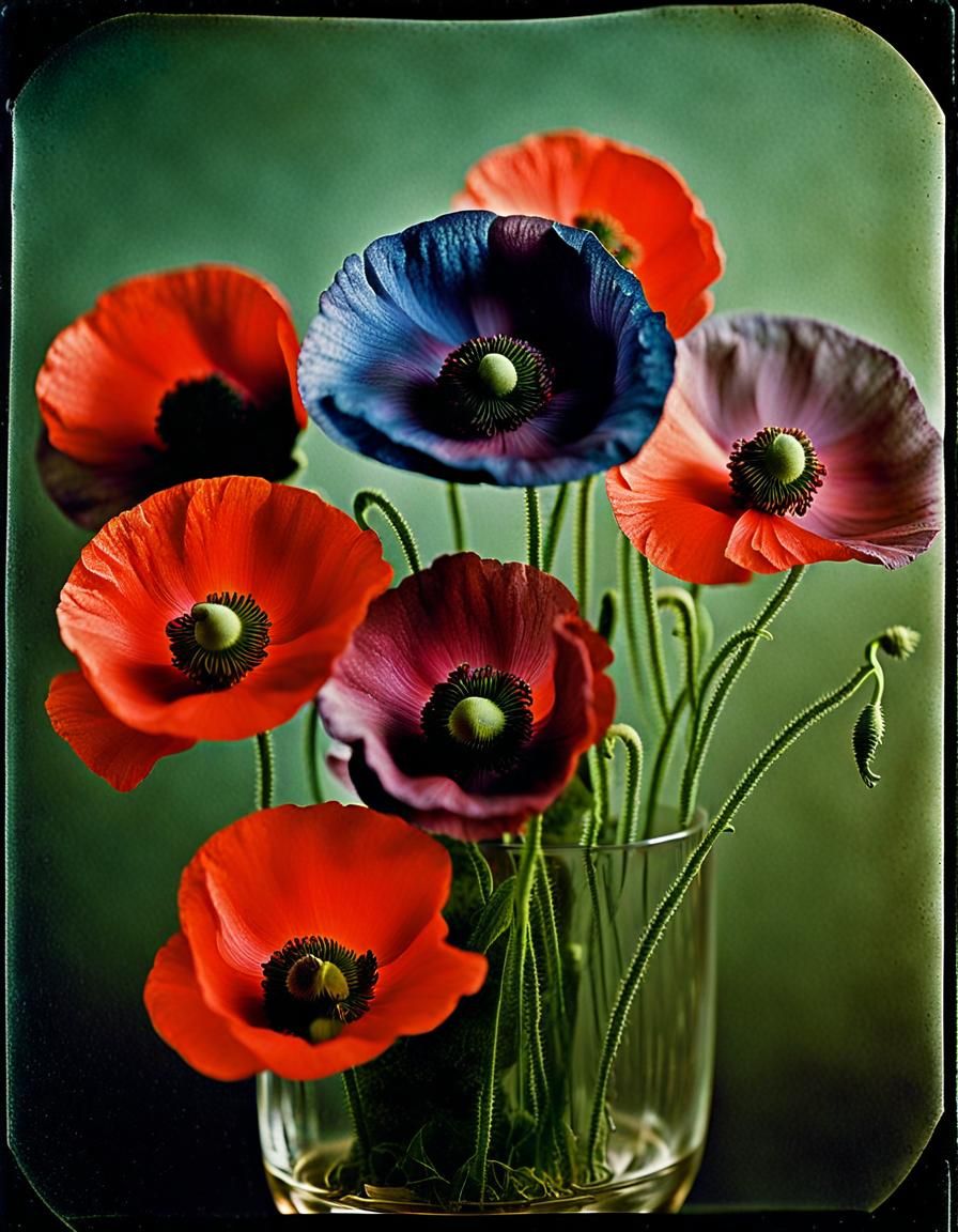 Poppy flowers in a vase, Autochrome plates are covered in microscopic ...