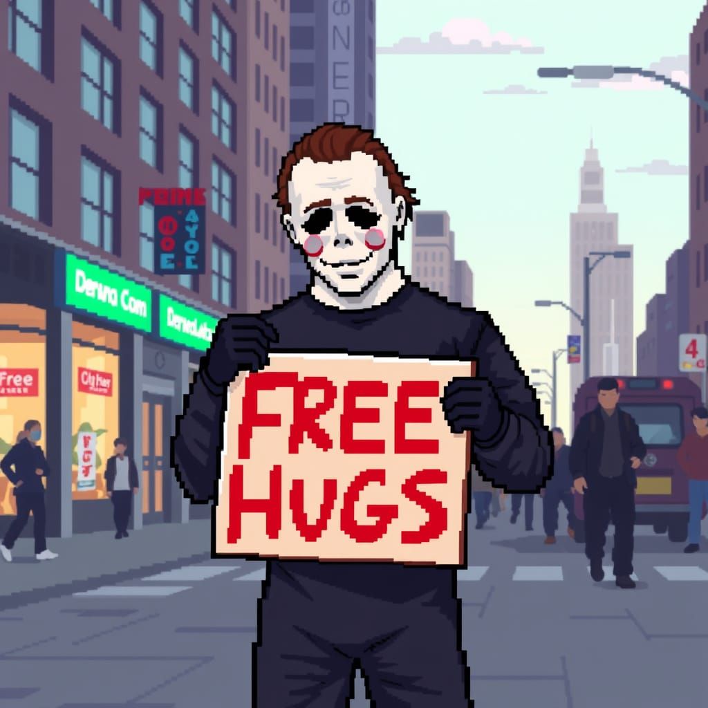 Pixel Art Michael Myers Offers Free Hugs in City S... - AI Art