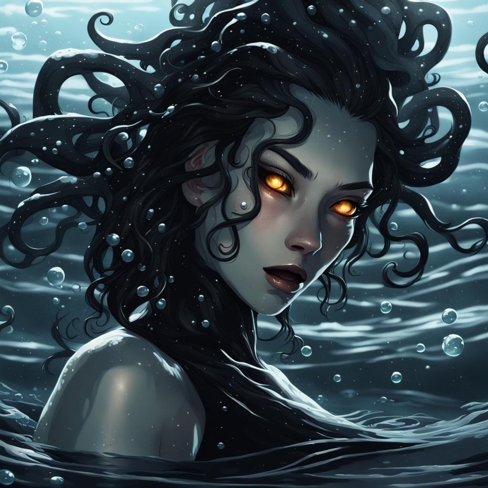 Close-up shot, 2d sheet illustration of a sinister siren woman with ...