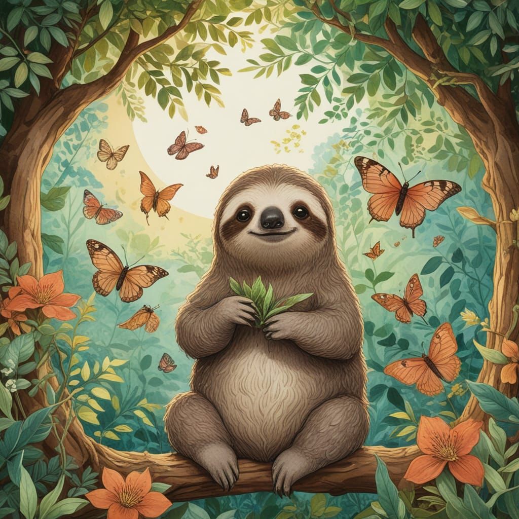 Majestic Sloth Gazing at a Luminous Moth