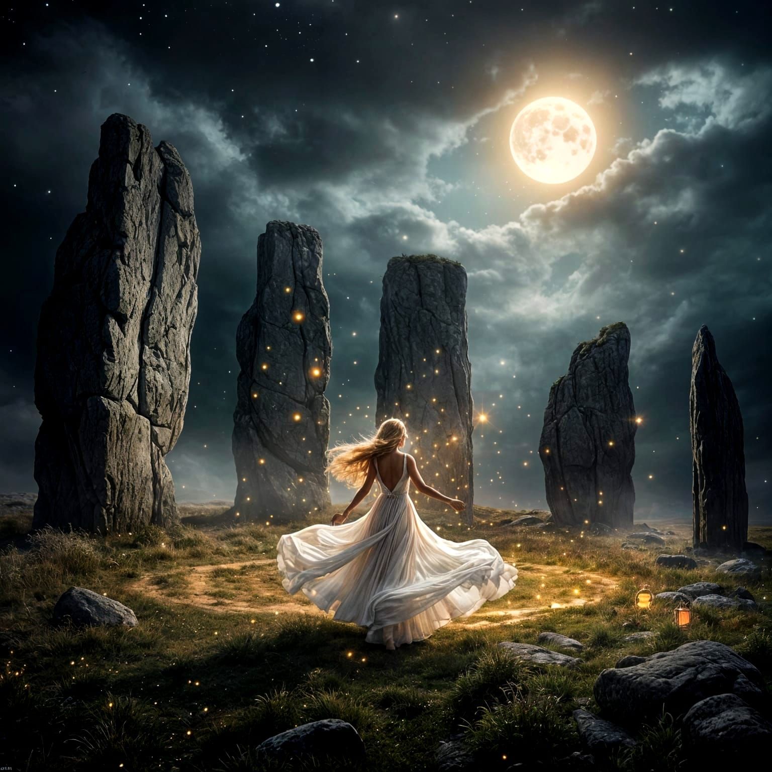 A dark misty Irish landscape with a magical ancient tall stone circle ...