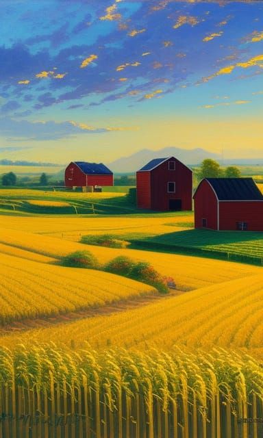 A serene rural landscape at sunset featuring cluster of Farmhouses and ...