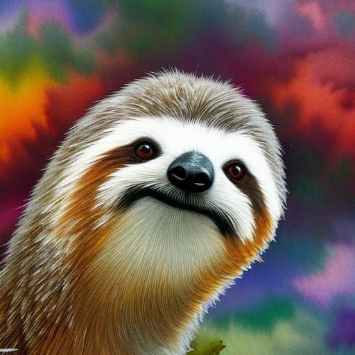 highly detailed watercolor of an adorable fluffy sloth waving, Lyrical ...