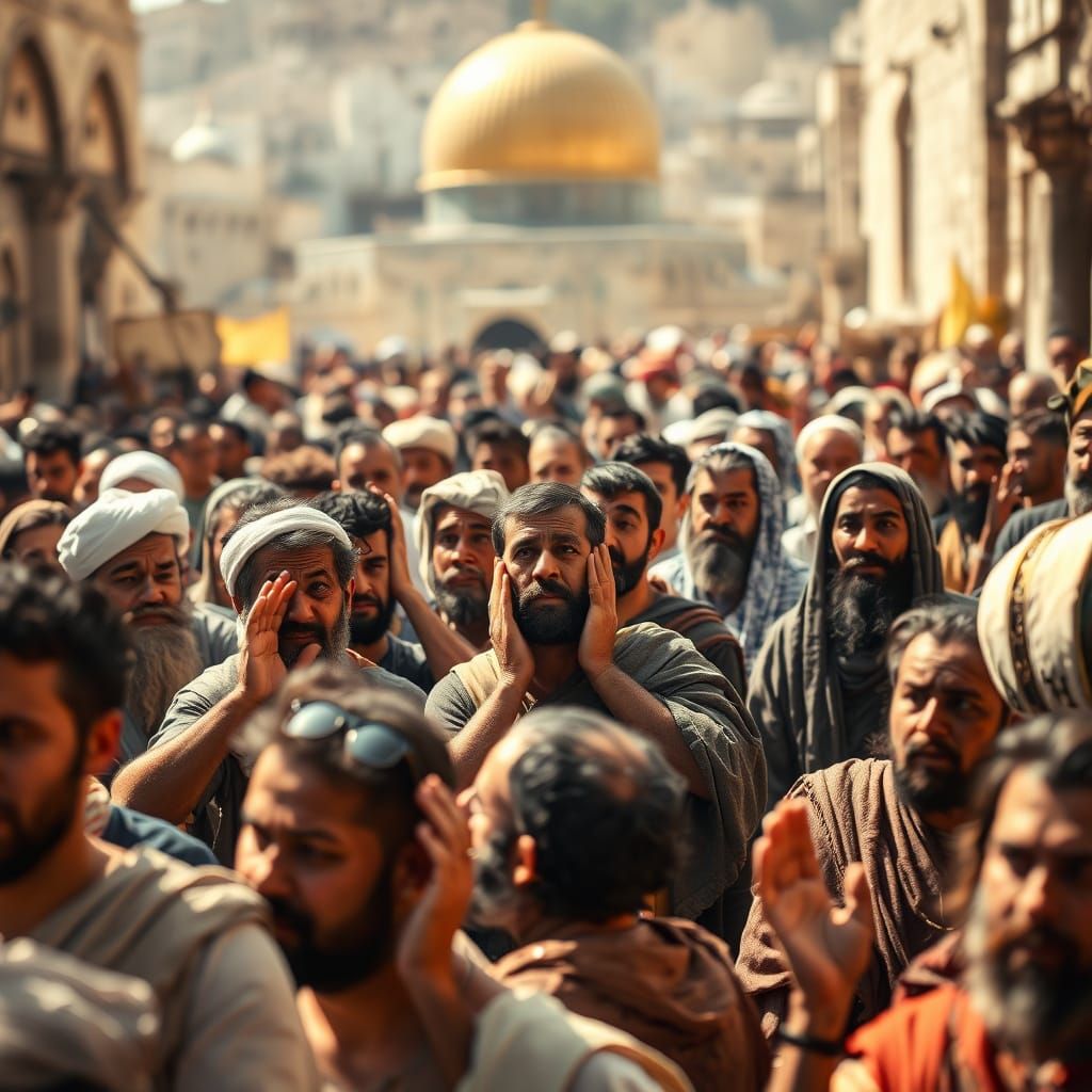 Diverse Crowd in Ancient Jerusalem Marketplace - AI Art