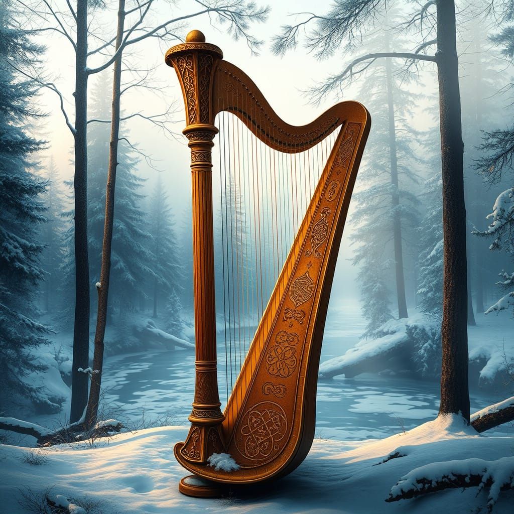 Hyperrealistic Ancient Irish Harp in a Winter Pine... - AI Art