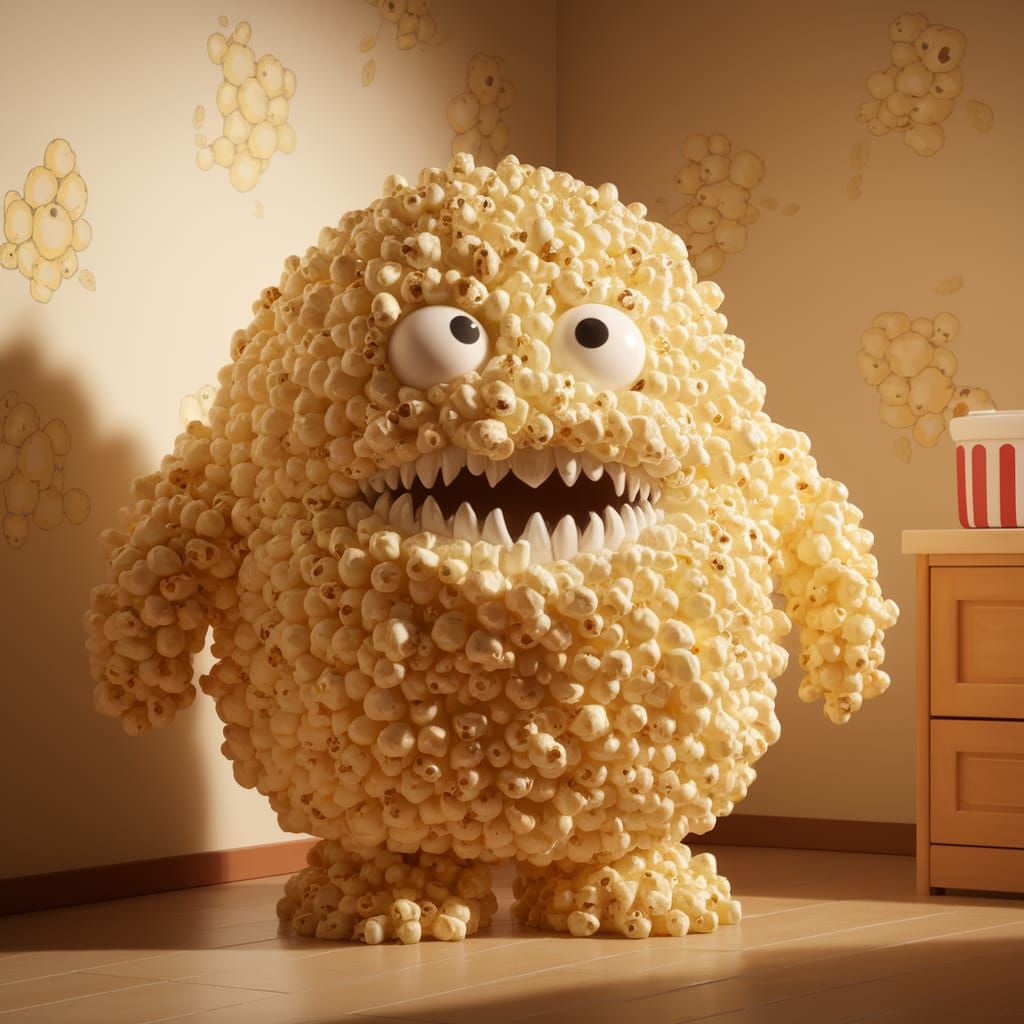 Popcorn Monster - Whimsical Popcorn Monster in a Cozy Kitche...