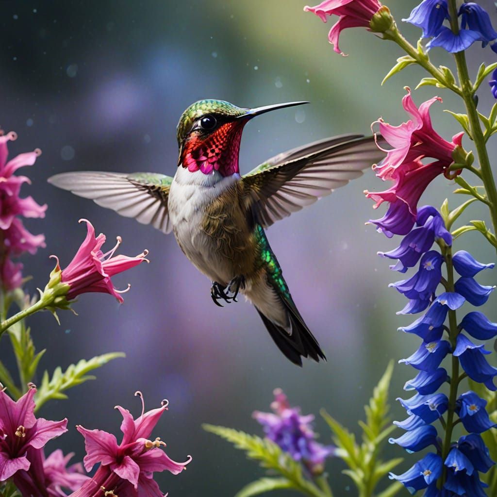 Joyful Flutter - Vibrant Ethereal Hummingbird in a Purple Fl...