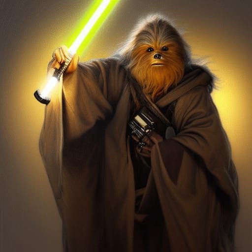 A yellow-furred, Wookie Jedi, wielding a yellow-bladed wooden ...