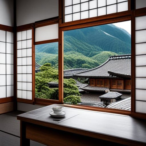 scenic view of Japanese village from window in cozy cabin - AI ...