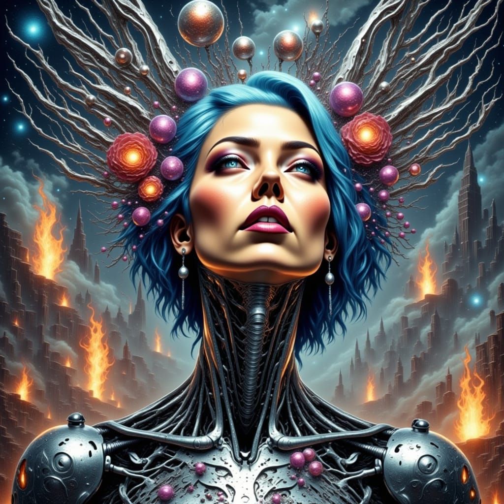 Cyberpunk Android Woman Contemplates Singularity - AI Art