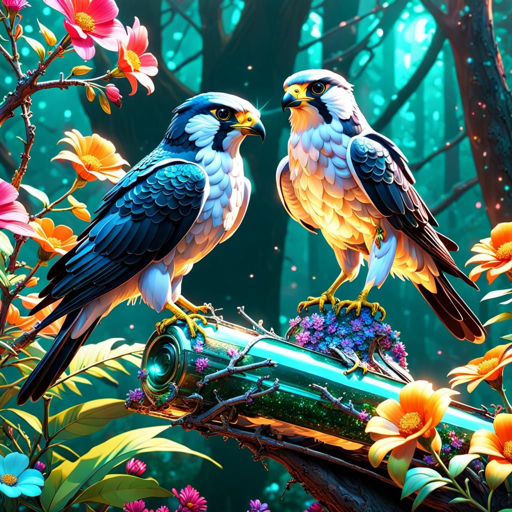 Majestic crystal glass and steel metal pair of falcons, glitter, amongst woodland flowers on ...