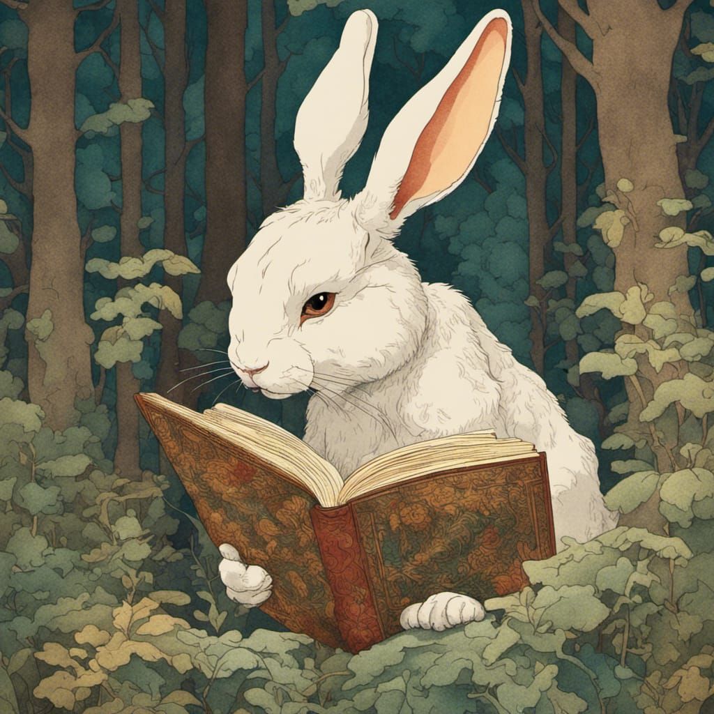 a rabbit reading a book in a forest in the style of edmund dulac - AI ...