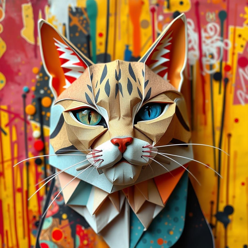 Vibrant Street Art Cat in Papercraft Graffiti Styl... - AI Art