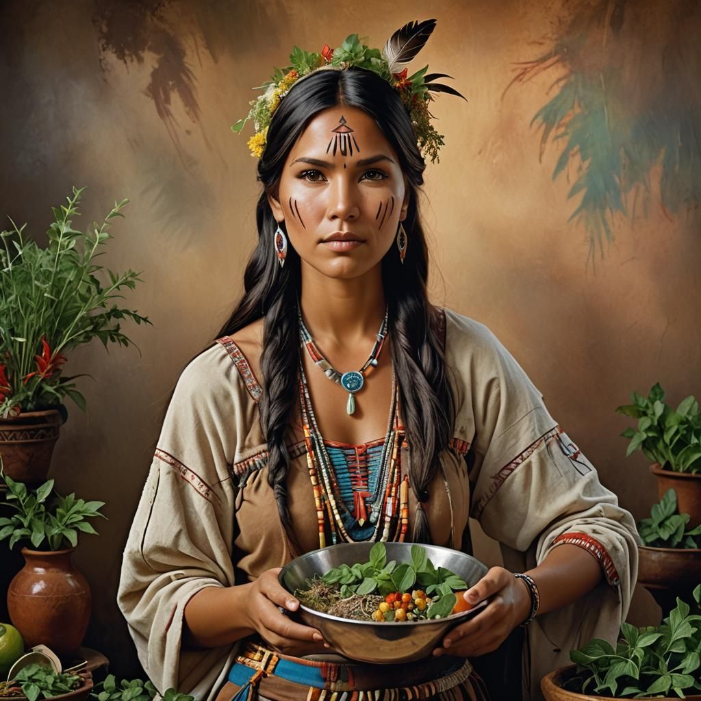 Beautiful Native American Maiden holding a bowl of herbs. - AI ...