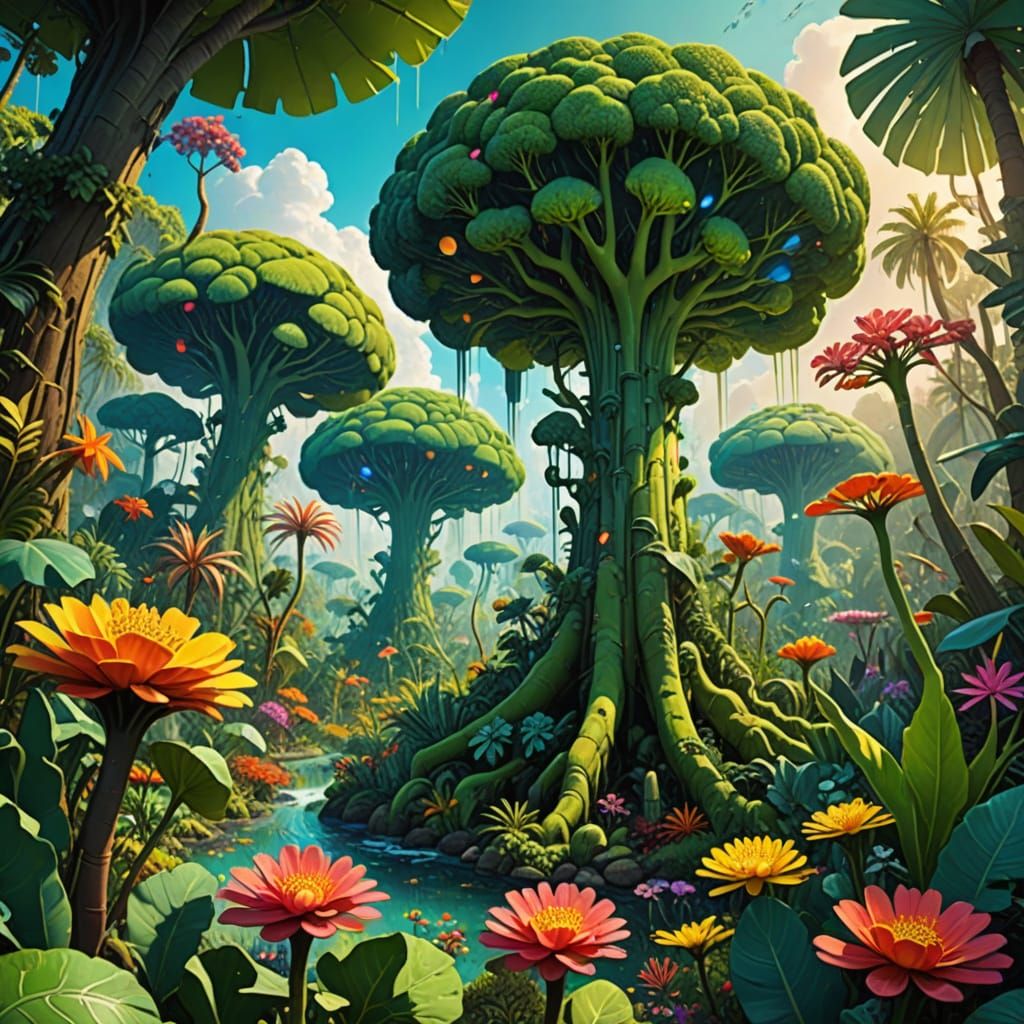 Surreal Tropical Paradise with Broccoli Aliens - AI Art