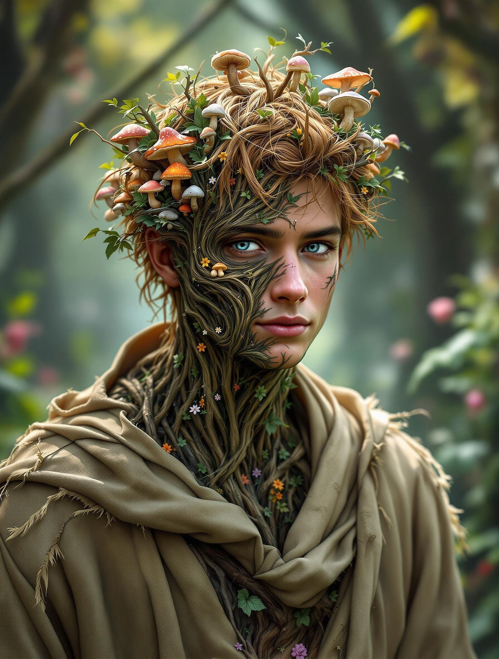 Enchanted Druid Boy with Twisted Wooden Face - AI Art