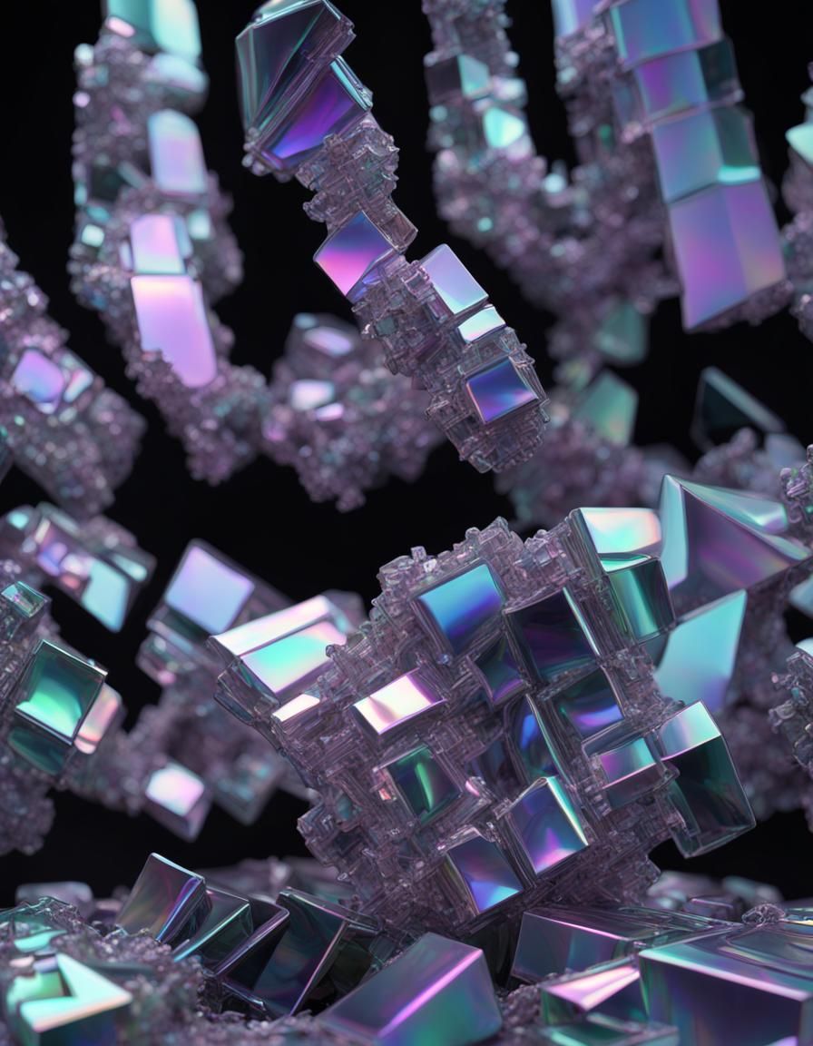 Holographic purple Bismuth Crystal formation with holographic blue accents and metallic silver ...