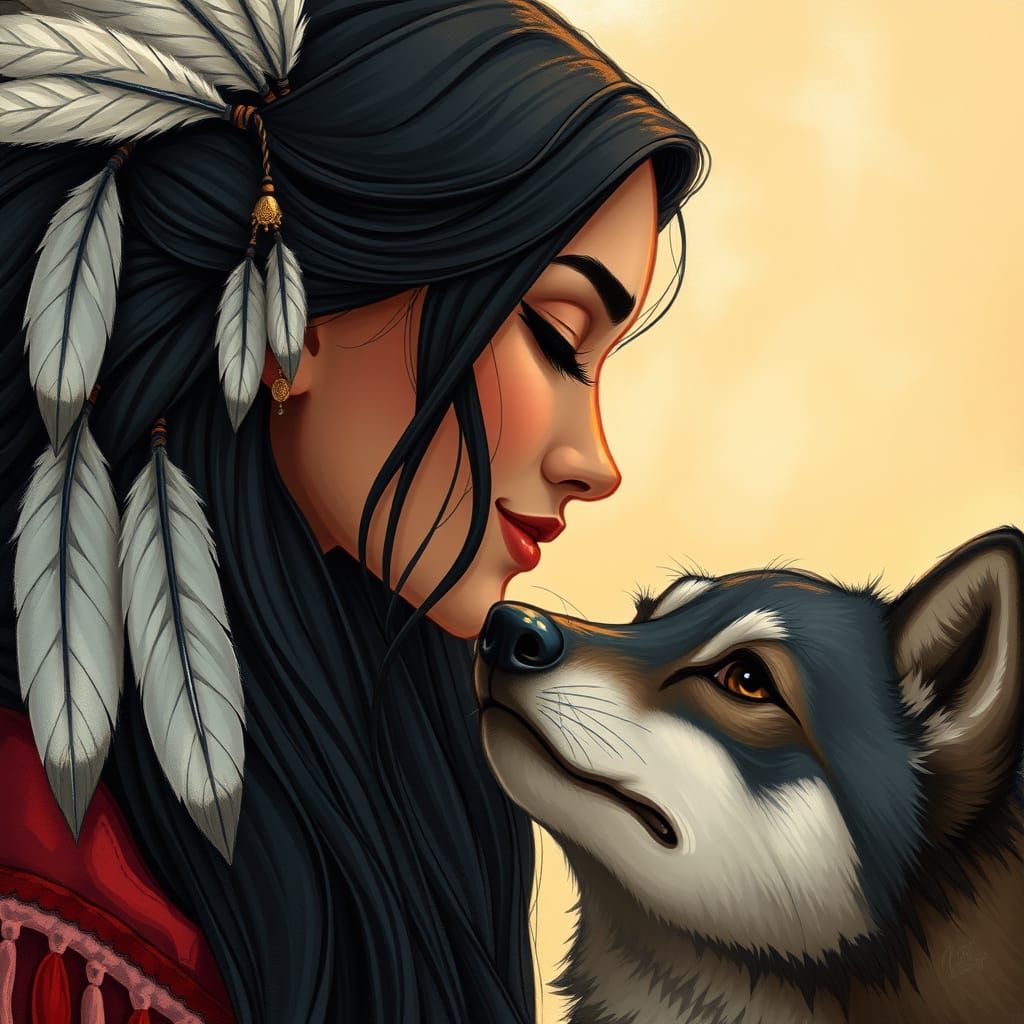 Native American Goddess with Loyal Wolf Companion ... - AI Art