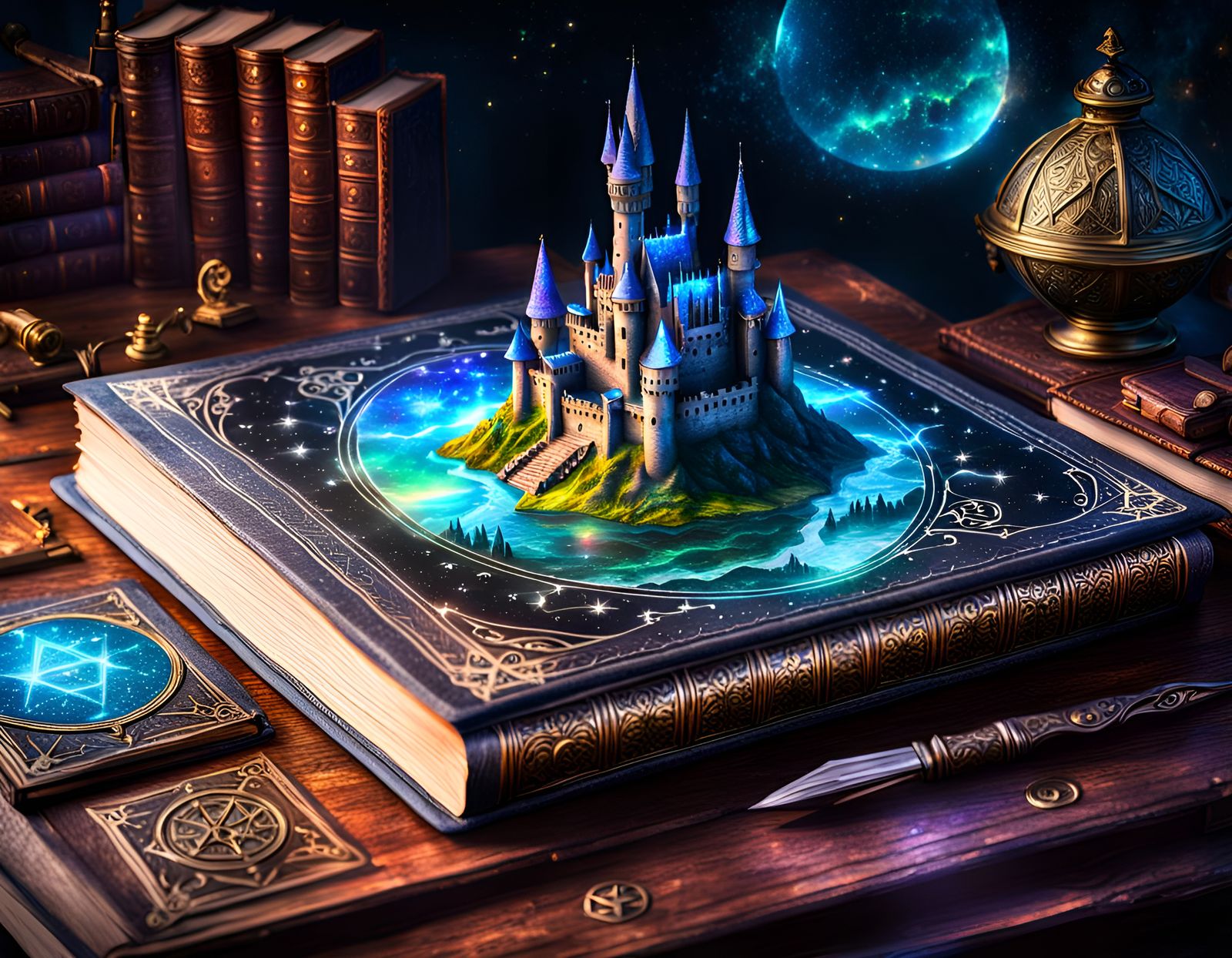 Spellbook on a wizards desk. - AI Generated Artwork - NightCafe Creator