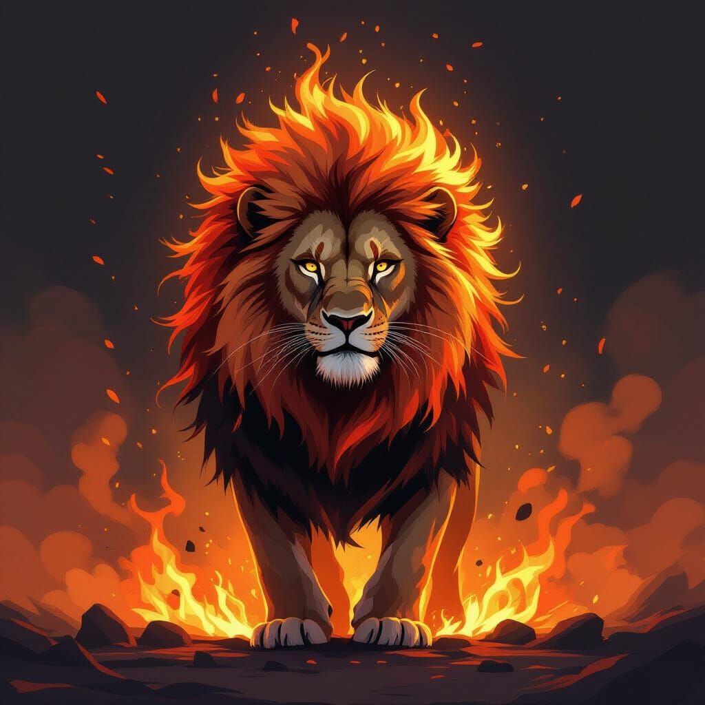 lion with a fire mane - Fiery Lion Illustration with Blazing...