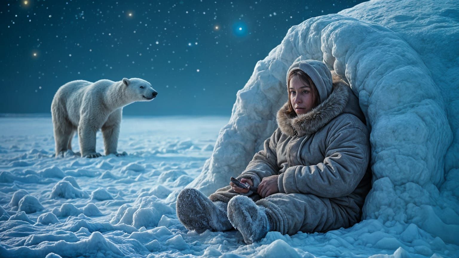 A serene portrait depicts an Eskimo seated beside their igloo, clad in ...