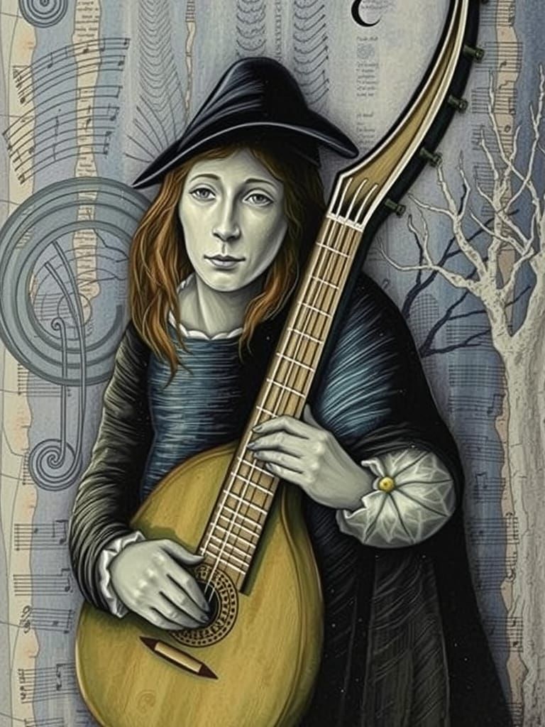 a monochromatics picture of musician of lute green and grey colours, by ...