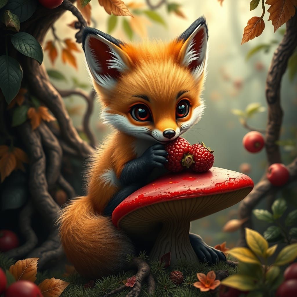 cute baby fox eating - Whimsical Baby Fox in Fantasy Forest