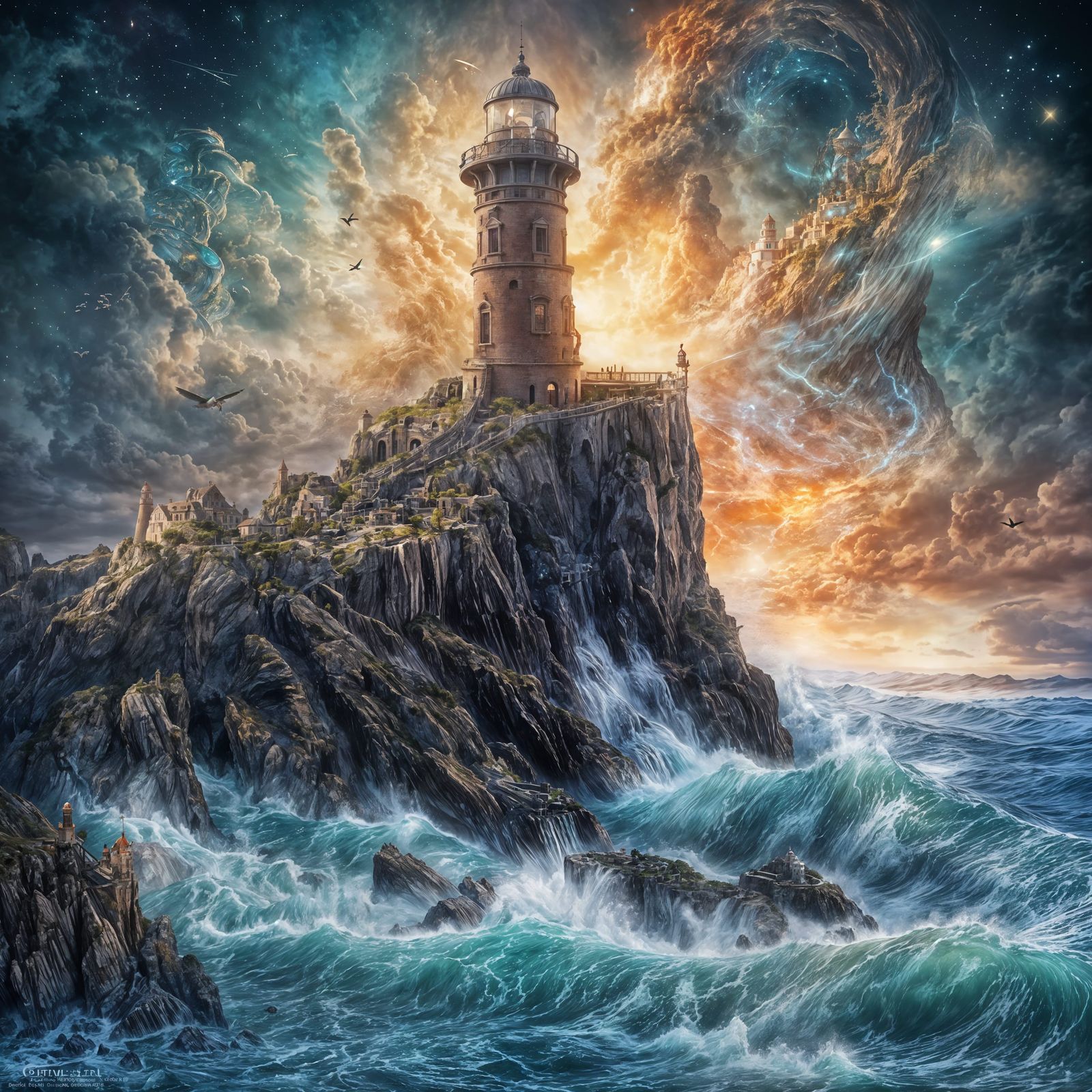 Beacon of the Rift - Stunning Lighthouse Amidst a Starry Oce...