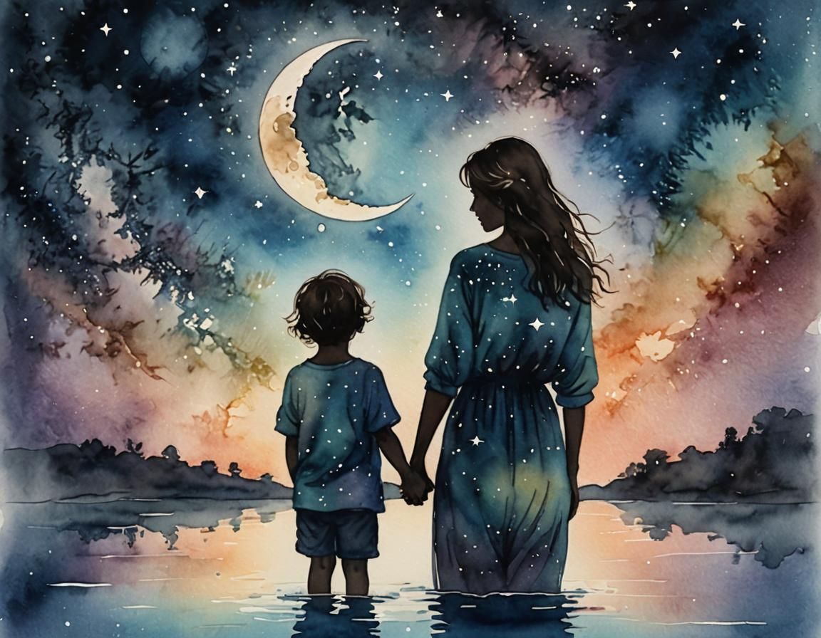 Mother and son under night sky - AI Generated Artwork - NightCafe Creator