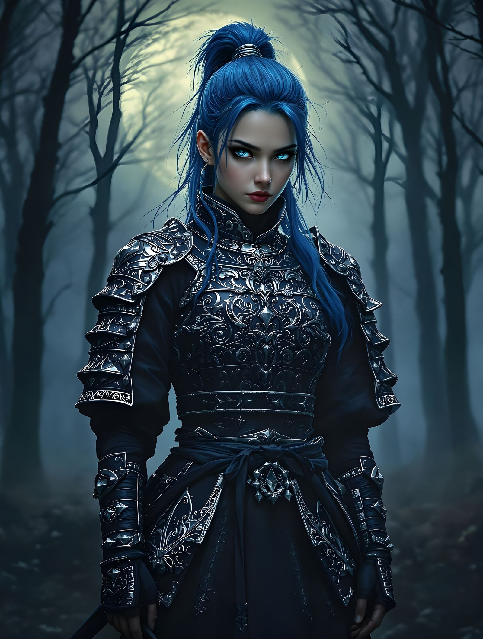 Gothic Samurai Warrior Girl with Blue Hair and Eye... - AI Art