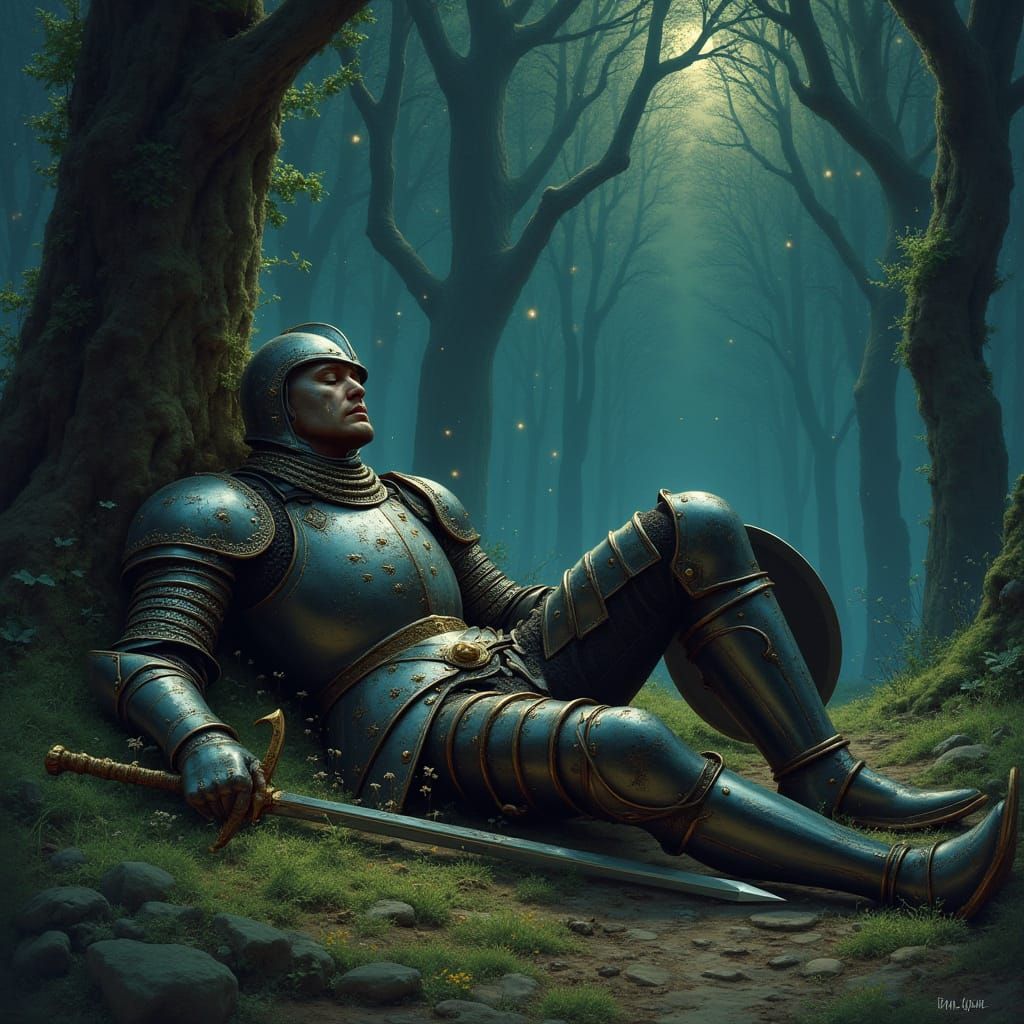 Weary Knight Slumbers in Mystical Forest - AI Art