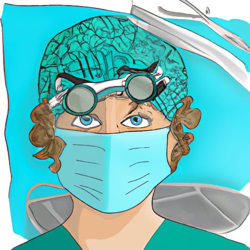 An illistrated female Neurosurgeon with curly hair sparkling grey eyes ...