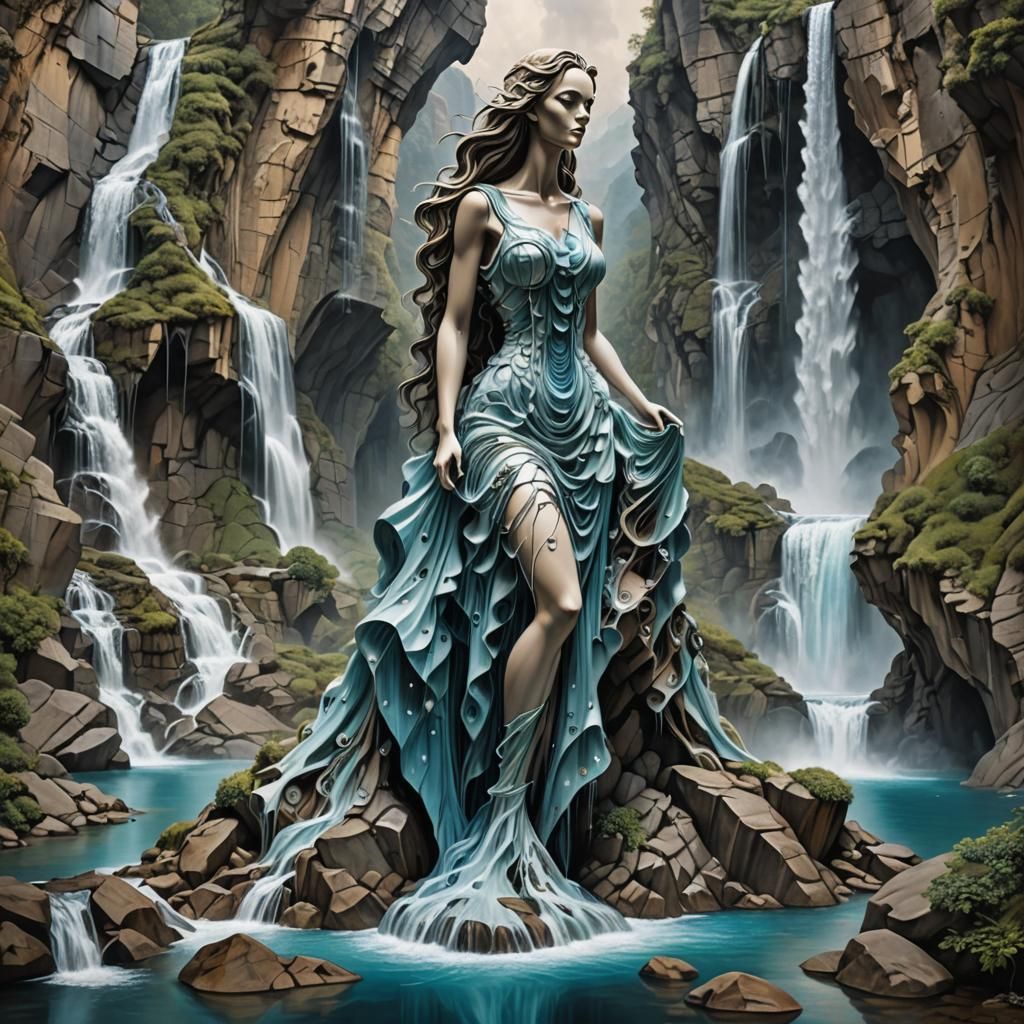 Stone woman surrounded by waterfalls - AI Generated Artwork - NightCafe ...