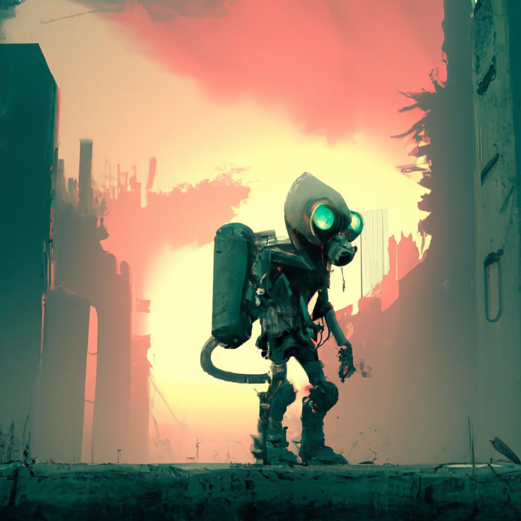 mutant with gas mask rifle at dawn desolate city contrasting colors ...