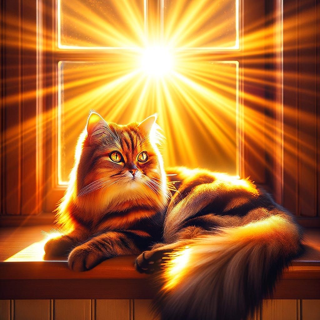🐱🐈‍⬛🌞☀️ Cat sunning herself on a cozy window ledge, the sun visible ...