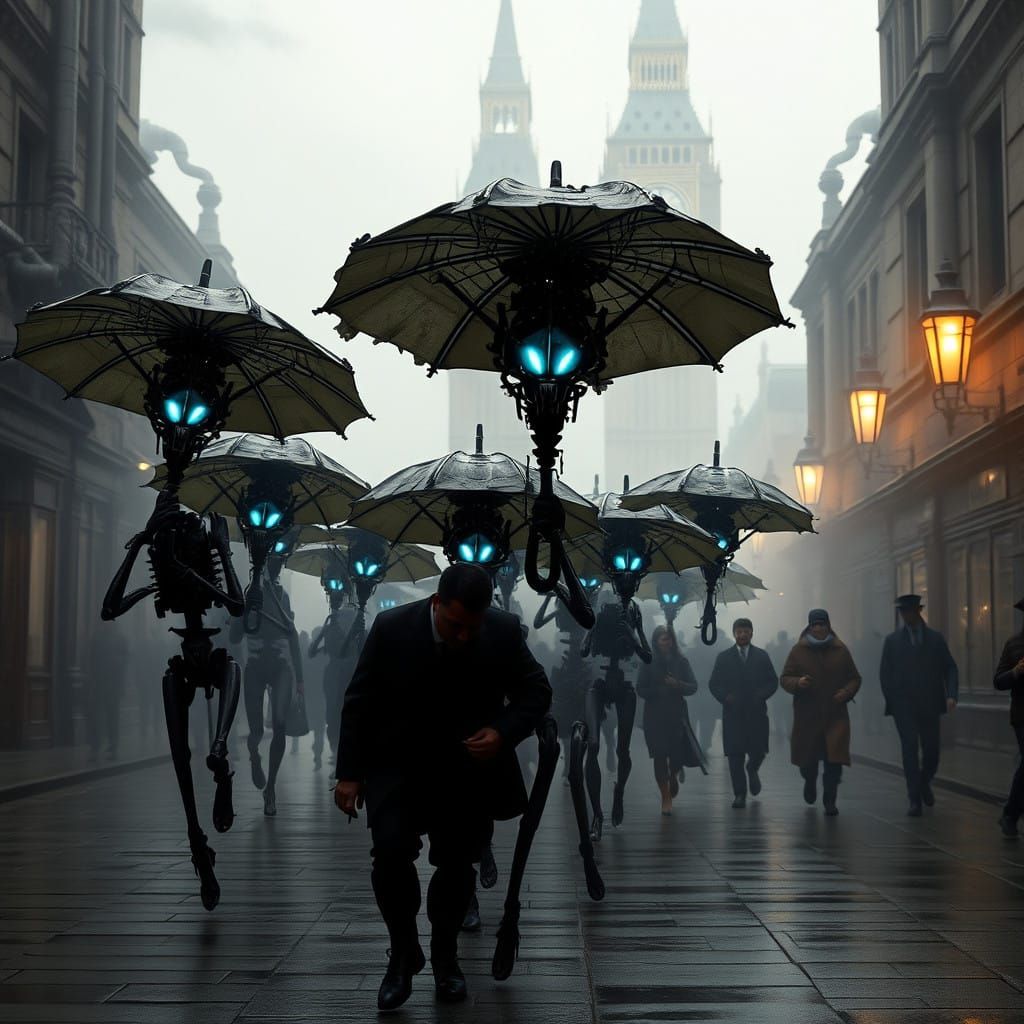 Steampunk Alien Umbrellas March Through Fog-Shroud... - AI Art