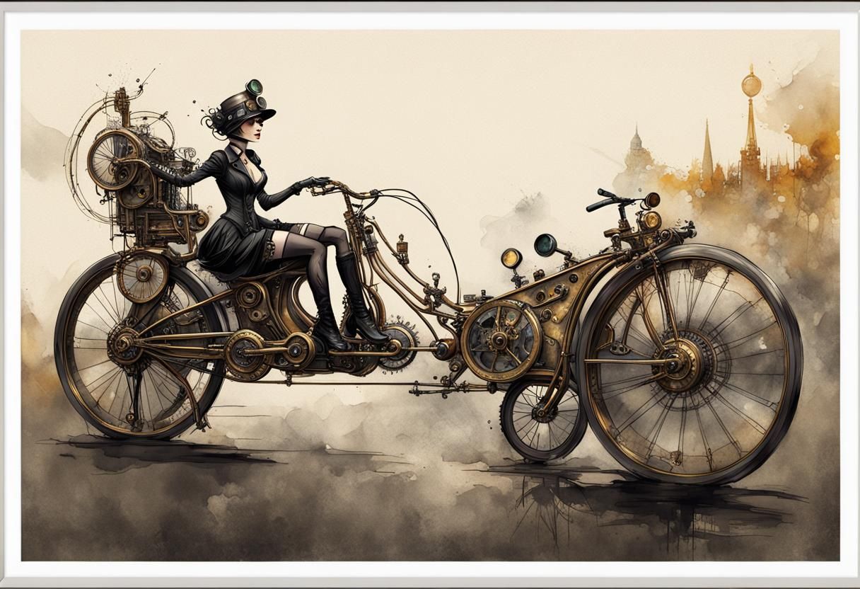 A Steampunk girl on an old steampunk bicycle in the golden 20s in ...