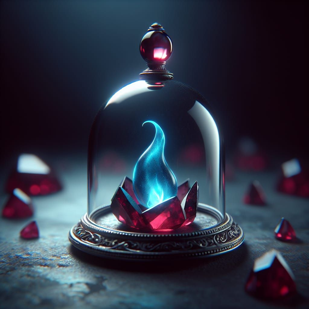 Ethereal Ruby Cloche Containing a Majestic Blue Fl... - AI Art